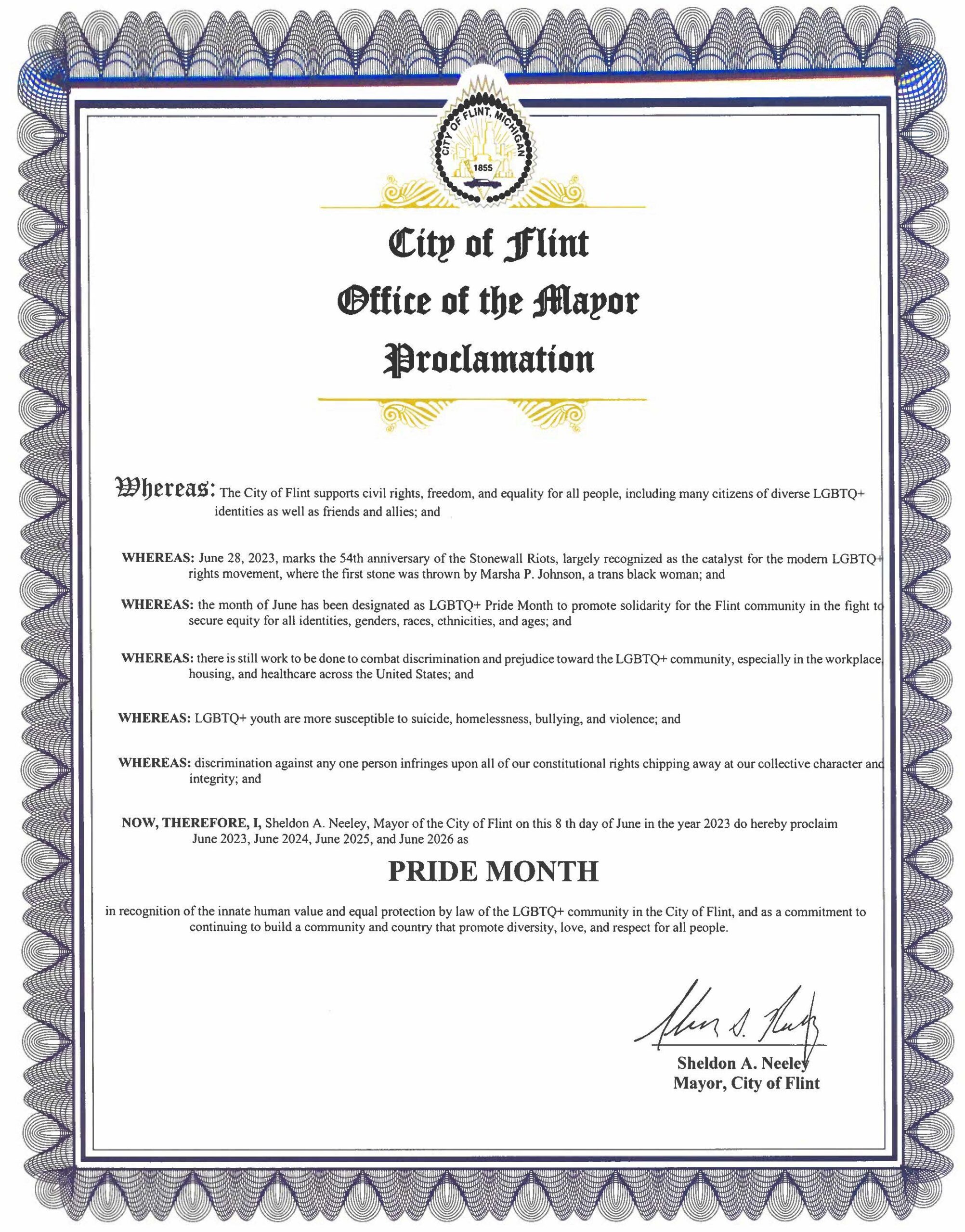 City of Flint celebrates Pride Month with proclamation by Mayor Neeley ...
